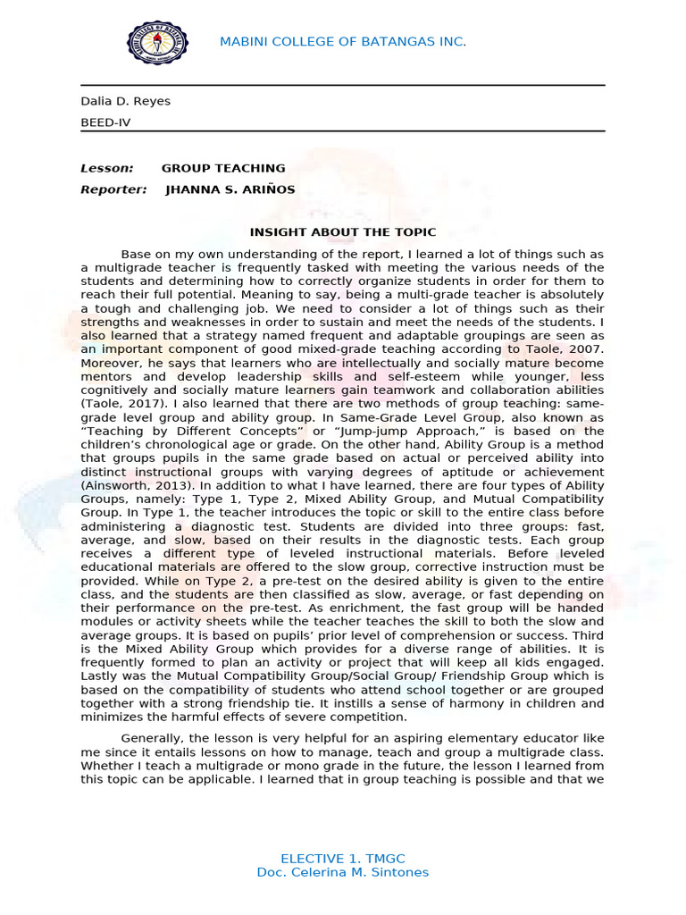 Insight-Group Teaching - Reyes Dalia D | PDF