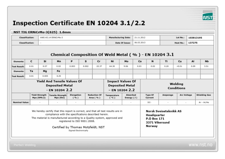 Inspection Certificate EN 10204 3.1/2.2: Chemical Composition of Weld Metal (%) - EN 10204 | PDF