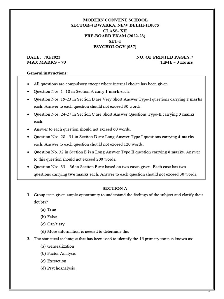 SET 1 MCS Pre-Board (2022-23) Questions | PDF
