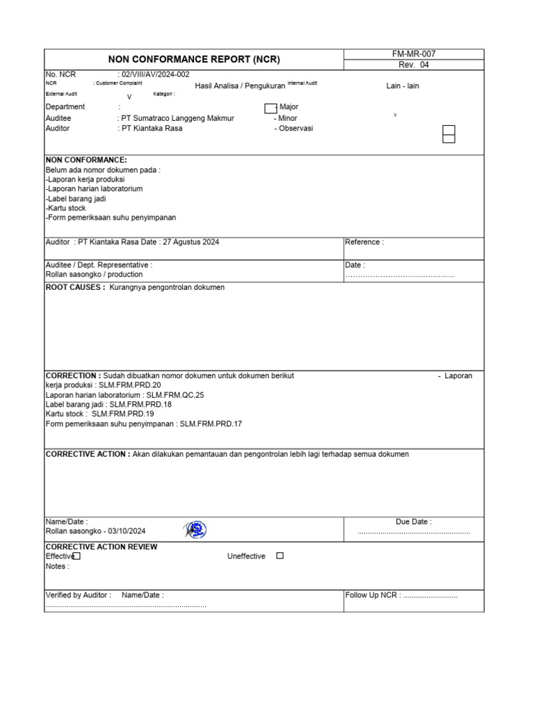 Non Conformance Report (NCR) | PDF