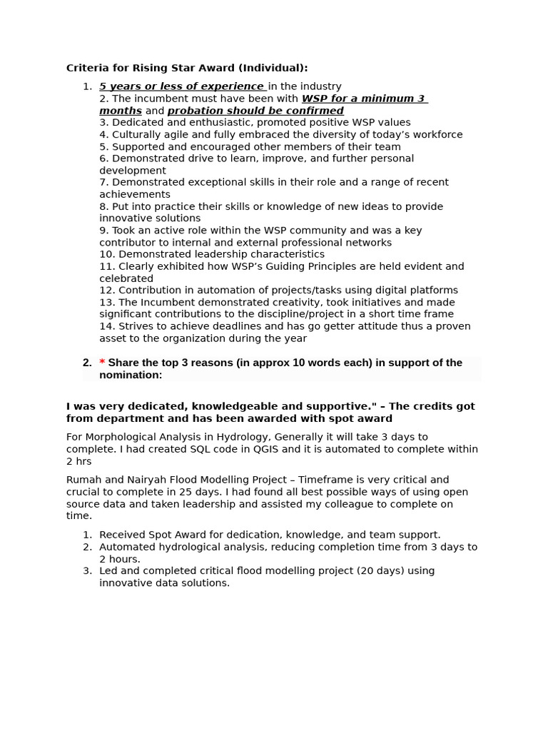 Criteria For Rising Star Award | PDF