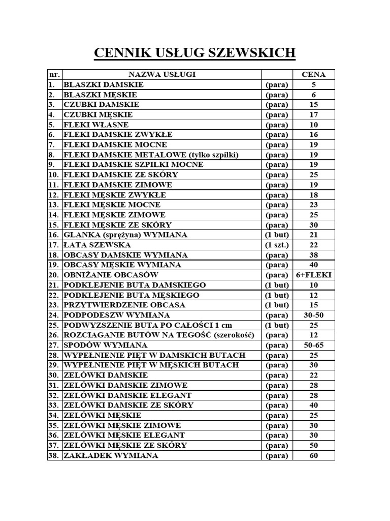 Szewc Wawa 1 Cennik | PDF