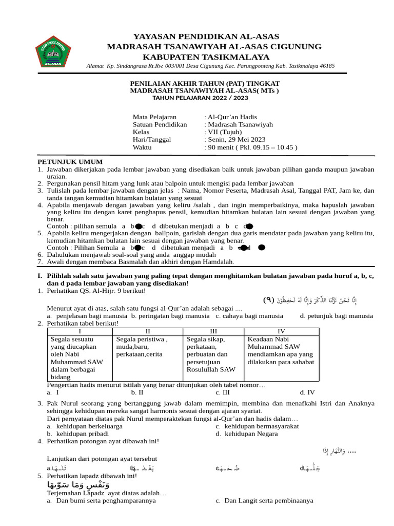 SOAL PAT_Qurdis7 2022-2023 | PDF