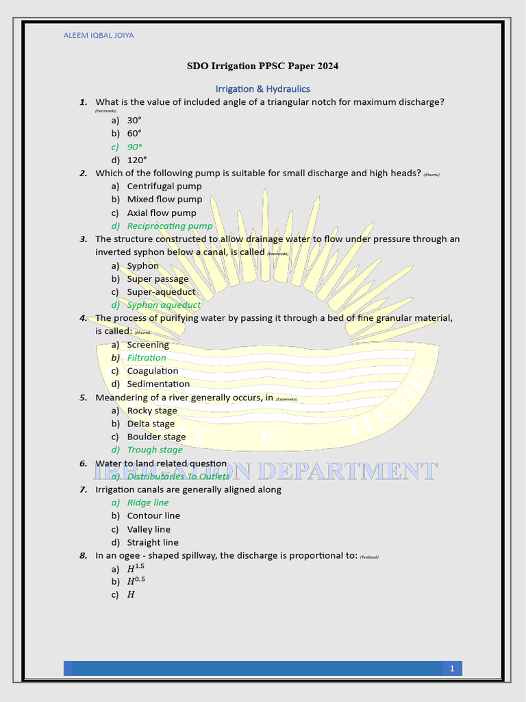 PPSC SDO, Irrigation Paper 2024 | PDF | Concrete | Lime (Material)