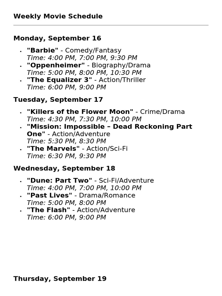 Weekly Movie Schedule | PDF