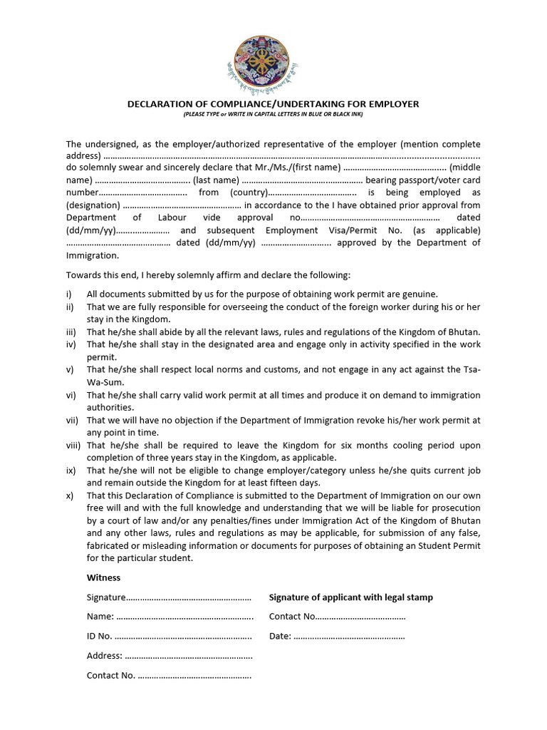 Declaration Undertaking For Employer | PDF