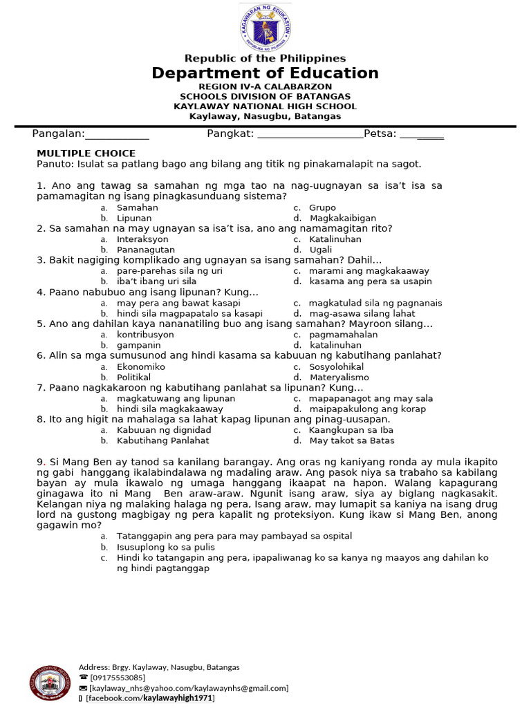 Unang Markahan Sa Esp 9 - Final | PDF