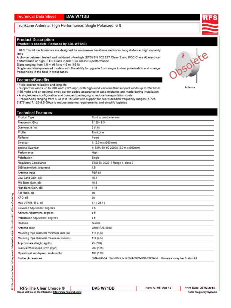 Alliance Distributor RFS Microwave Antenna DA6-W71BB | PDF | Antenna ...