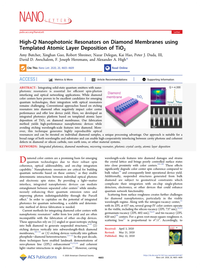 Butcher Et Al 2020 High Q Nanophotonic Resonators On Diamond Membranes ...