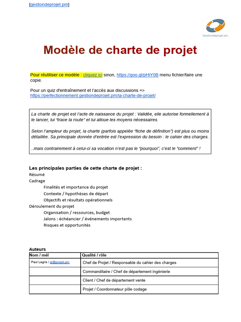 Charte _ Définition Du Projet [Gestiondeprojet.pm] Modèle Public | PDF