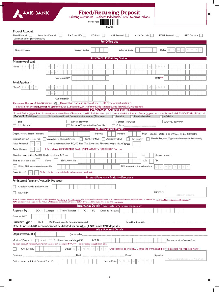 Axis Bank Fixed Deposit Application Form | PDF | Personal Finance | Business