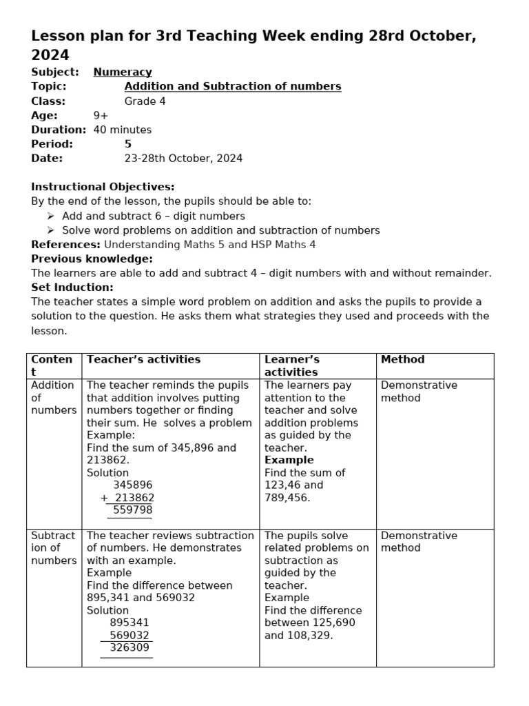 NUm.T1G4W3TN-Addtion and Subtraction | PDF | Teachers | Lesson Plan