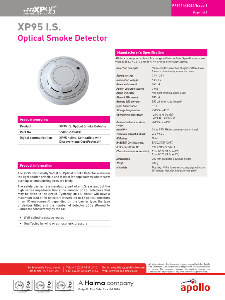 PP5114 XP95 I.S. Optical Smoke Detector | PDF | Smoke | Sensor