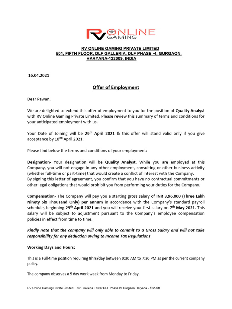 Employment Offer for Quality Analyst Position | PDF | Employment | Taxes