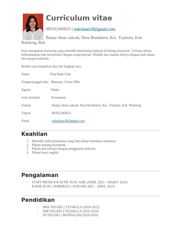 Free Template CV Lulusan s1 by Vina Muliana | PDF