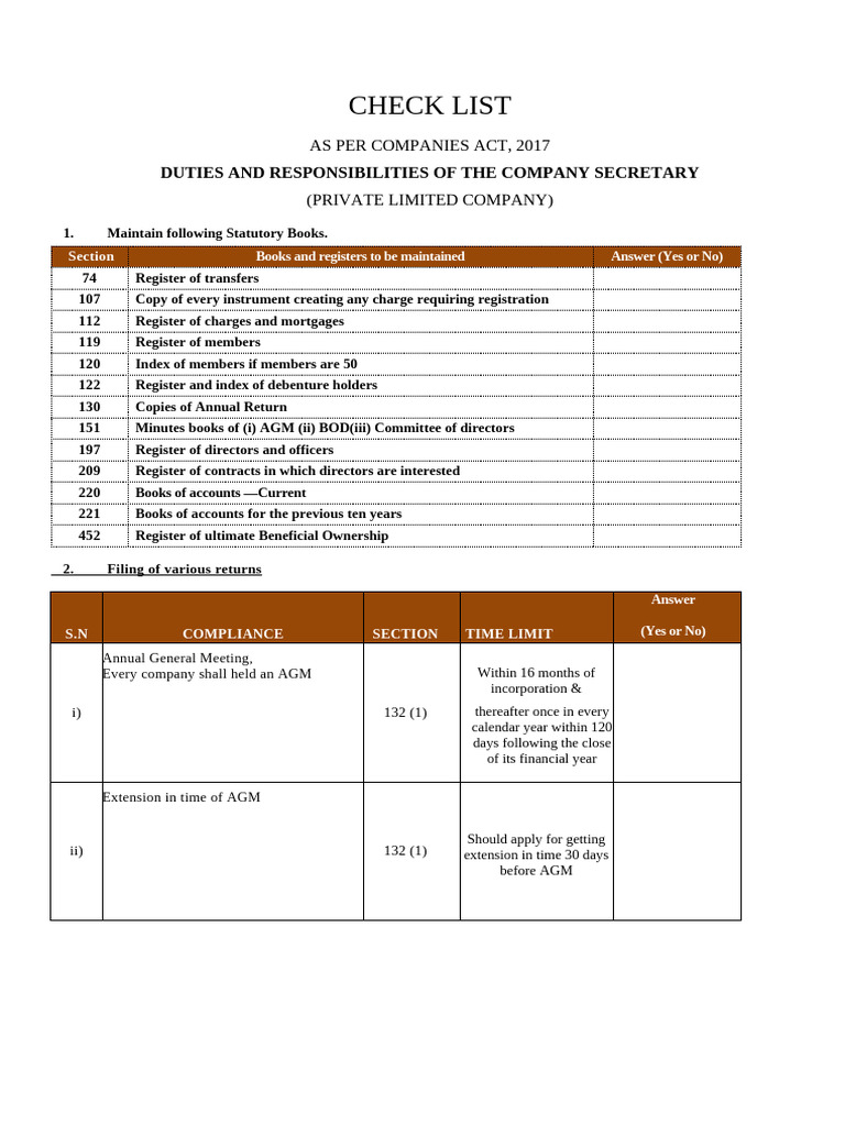 CHECK LIST DUTIES & RESPONSIBILITIES CO SECRETARY-FINAL | PDF