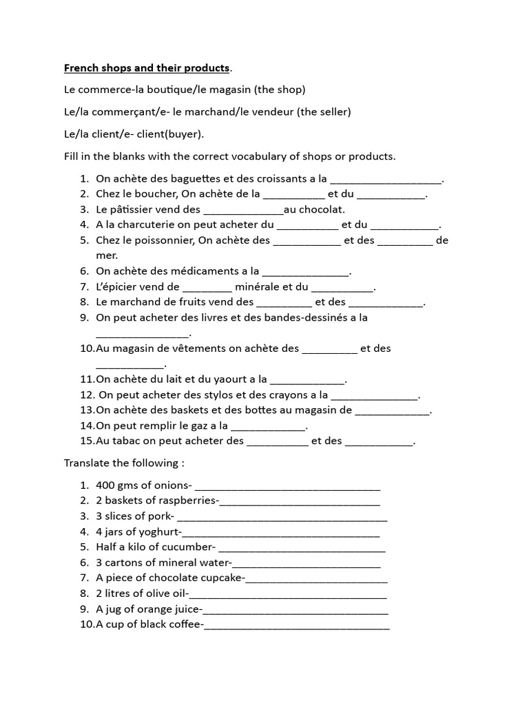 French Shops and Their Products Worksheet | PDF