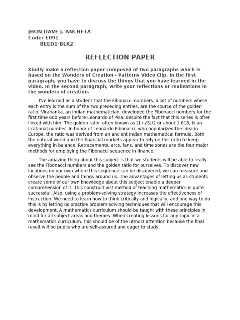 Jhon Dave Ancheta - Reflection Paper (MMW) E091 | PDF
