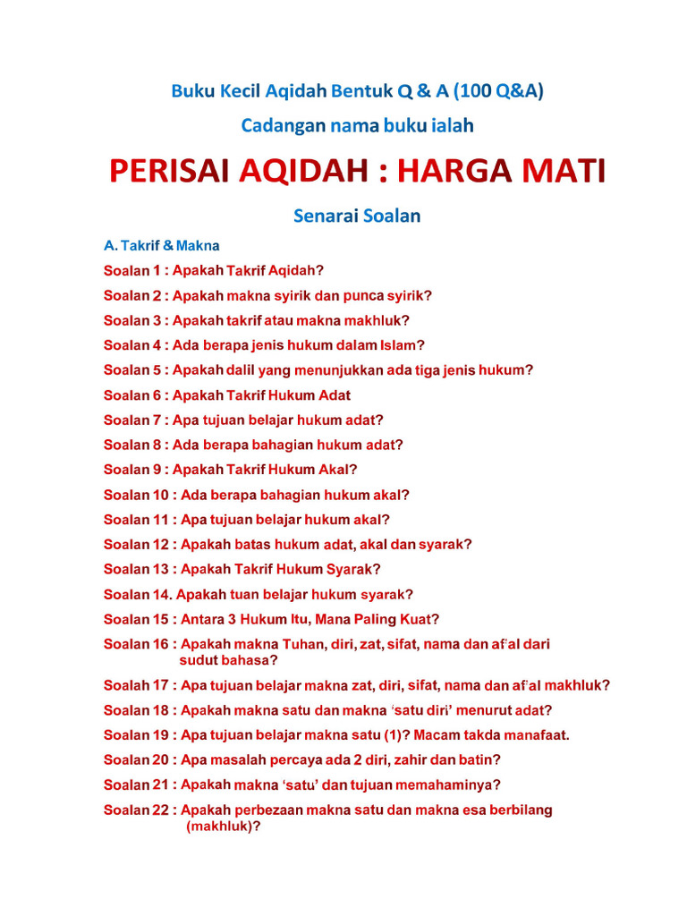 Senarai 100 Soalan Aidah Bentuk Q&A | PDF