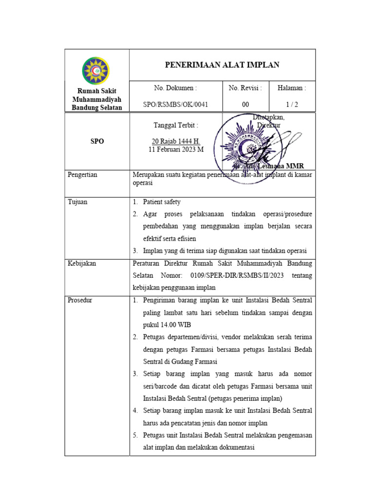 Spo Penerimaan Alat Implan Rsmbs | PDF