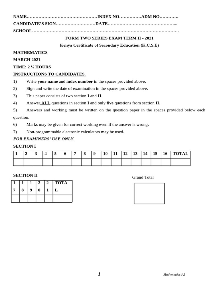 Form 2 Mathematics 2021 QS | PDF