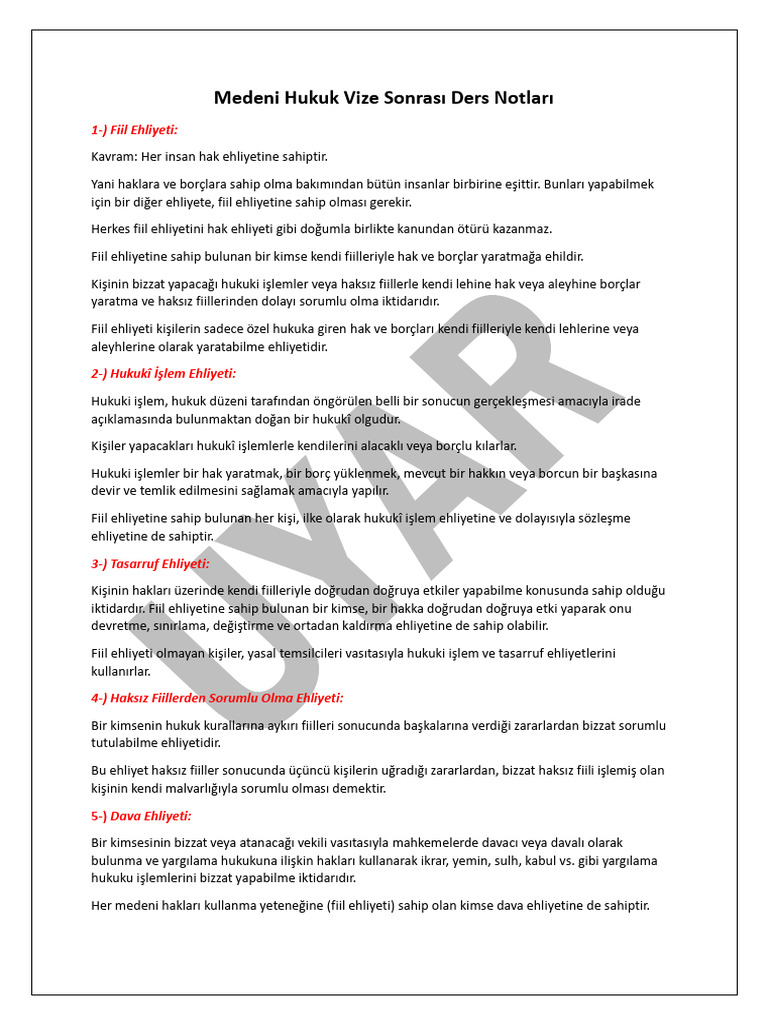 Medeni Hukuk Vize Sonrası Ders Notları | PDF
