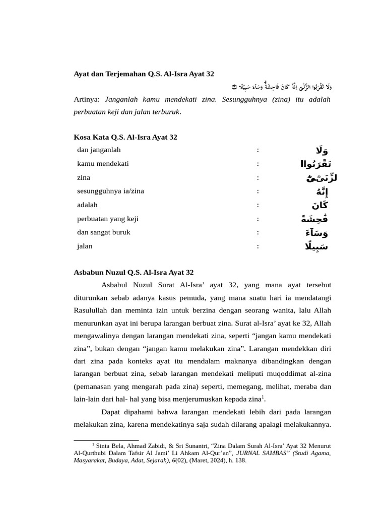 Tafsir Q.S. Al-Isra Ayat 32 | PDF