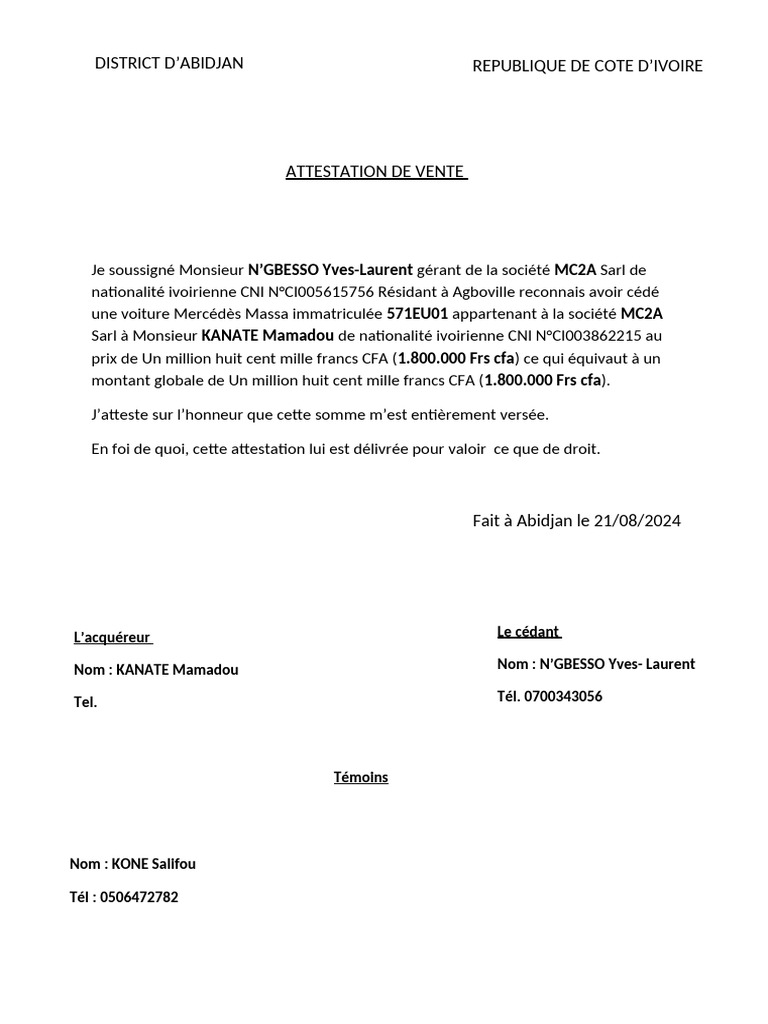 Attestation De Vente Immobiliere