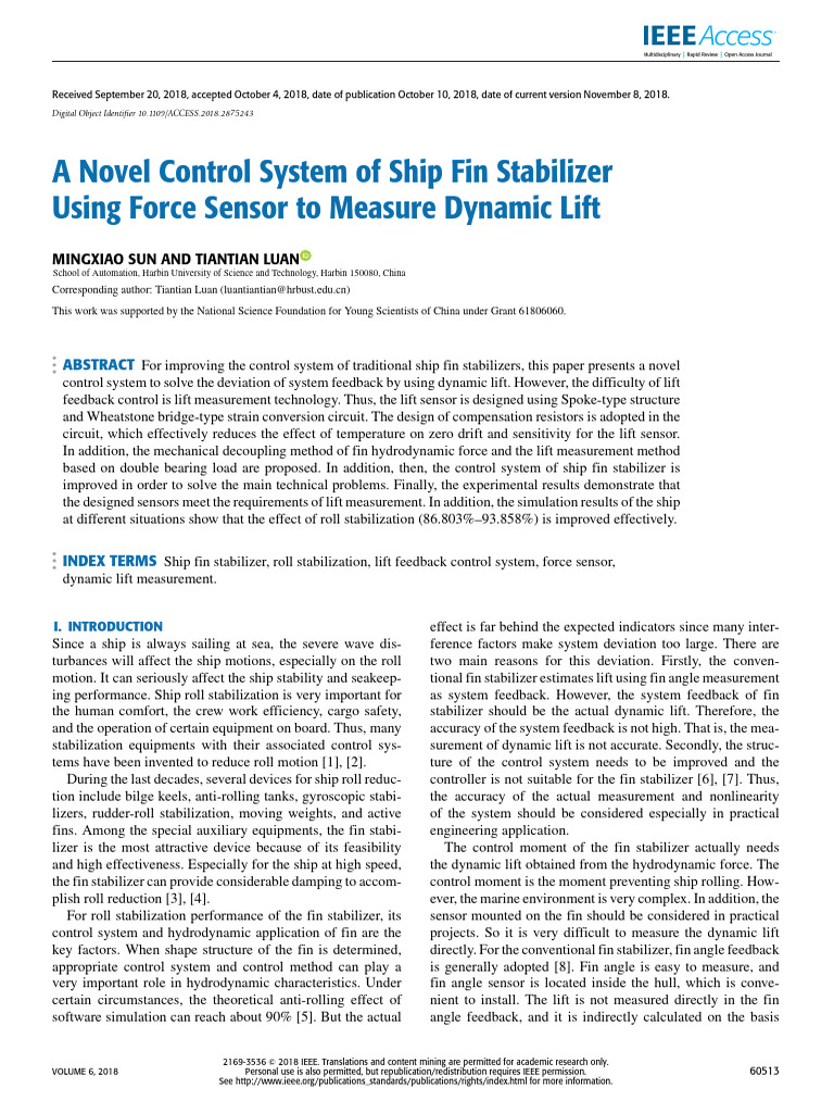 A Novel Control System of Ship Fin Stabilizer Using Force Sensor To ...