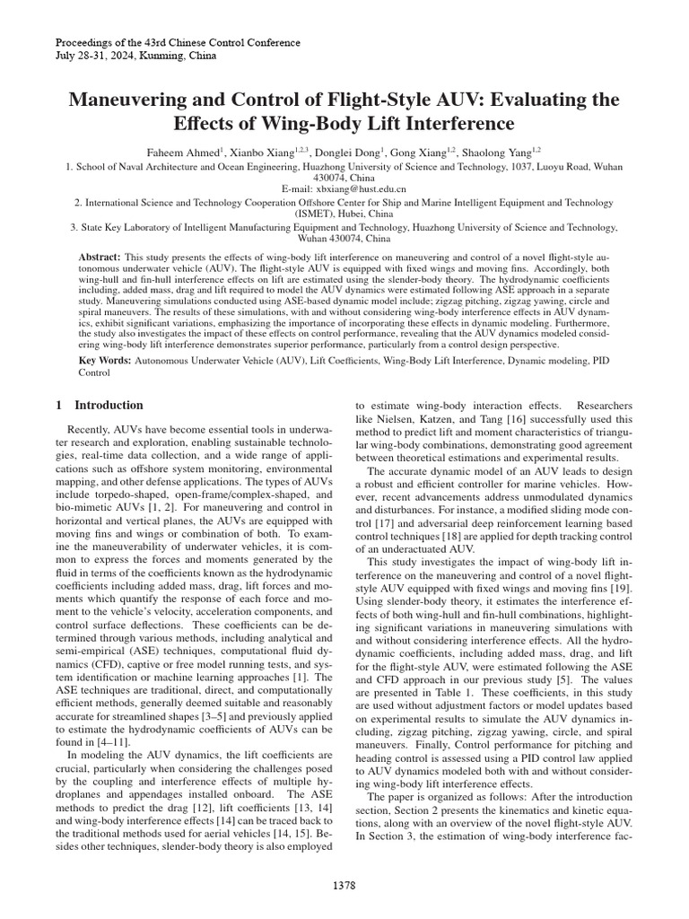 Maneuvering and Control of Flight-Style AUV Evaluating The Effects of Wing-Body Lift ...