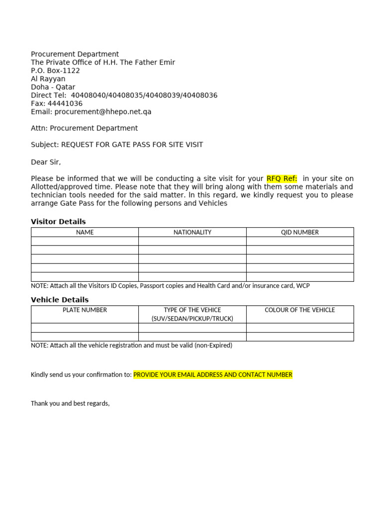 Gate Pass Request Letter | PDF