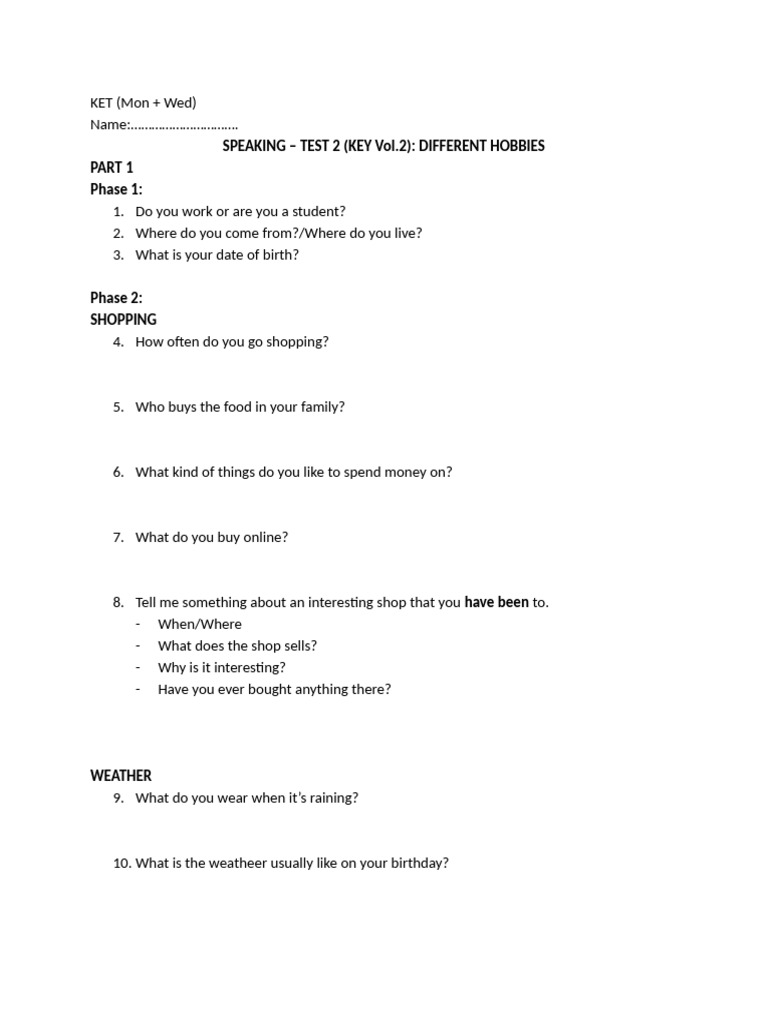 Ket - Authentic Tests Vol2 - Speaking (Test 2) | PDF