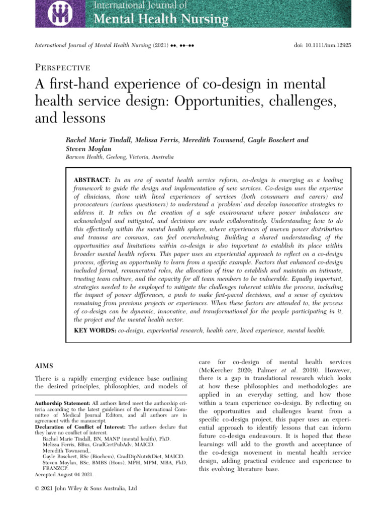 A First-Hand Experience of Co-Design in Mental Health Service Design ...