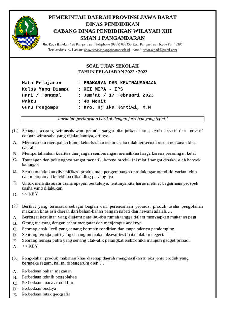 Soal Uji Coba Pkwu Kls Xii THN 2022-2023 | PDF