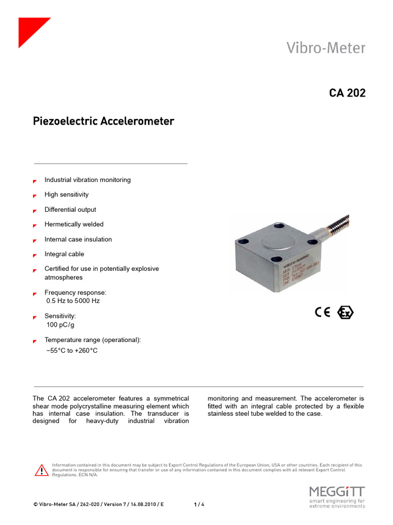 CA202 Piezoelectric Accelerometer Data Sheet English | PDF