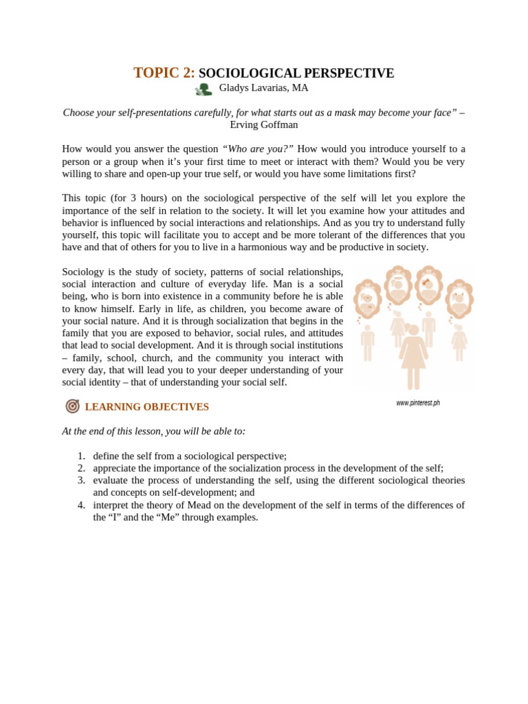 Topic 2 Sociological Perspective of the Self | PDF Topic 2 Sociological Perspective of the Self | PDF