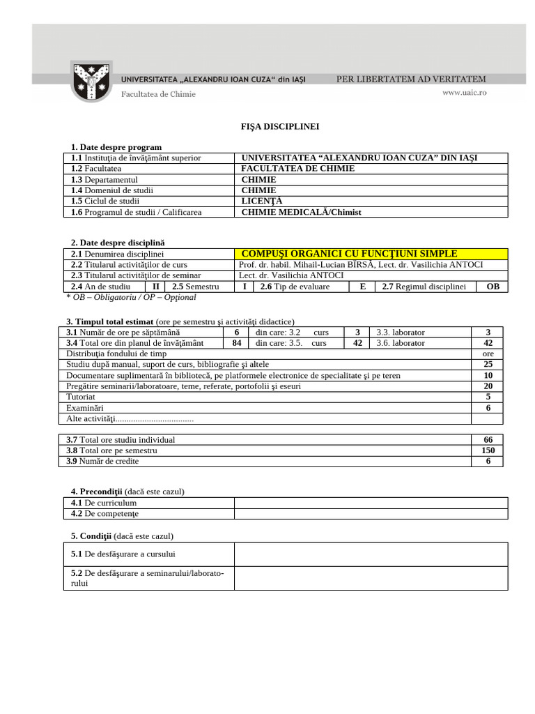 Birsa Antoci An 2 CM Sem 1 Fisa Disciplinei 2021 2022 | PDF