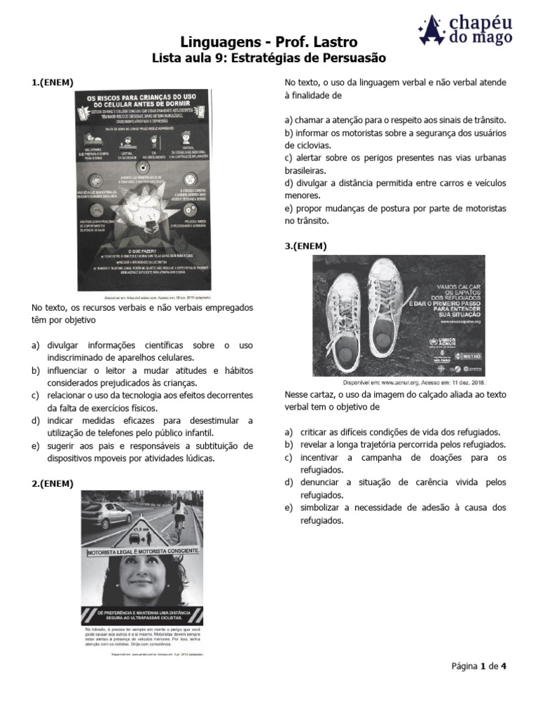 Lista Aula 9 - Estratégias de Persuasão - Linguagens PDF | PDF