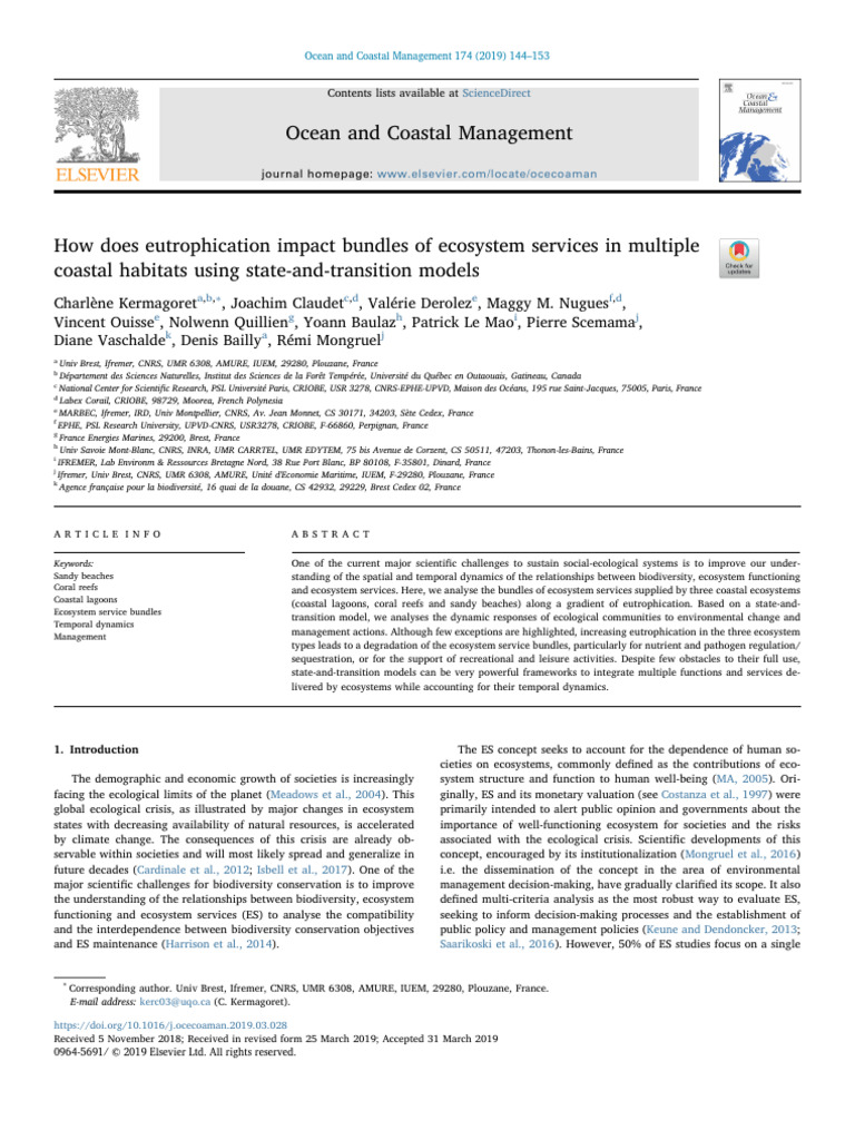 Kermagoret 2019 Eutrophication Impact Bundles of Ecosystem Services | PDF | Coral Reef | Wellness