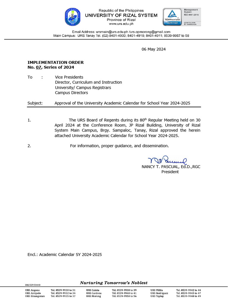 Implementation Order No. 07 Series of 2024 Approval of The University Academic Calendar For ...