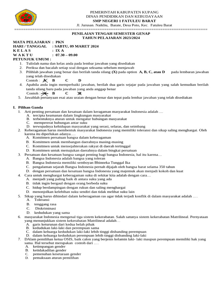 SOAL PTS GEN1 2024-PKN 9 | PDF