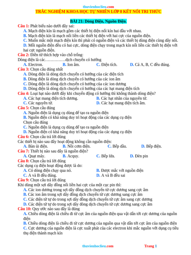 Trac Nghiem KHTN 8 KNTT Bai 21 Hay | PDF