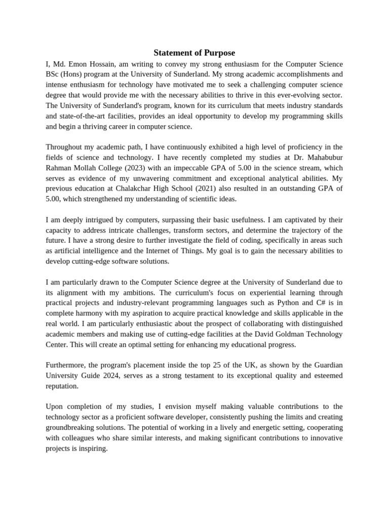 Statement of Purpose - Emon | PDF