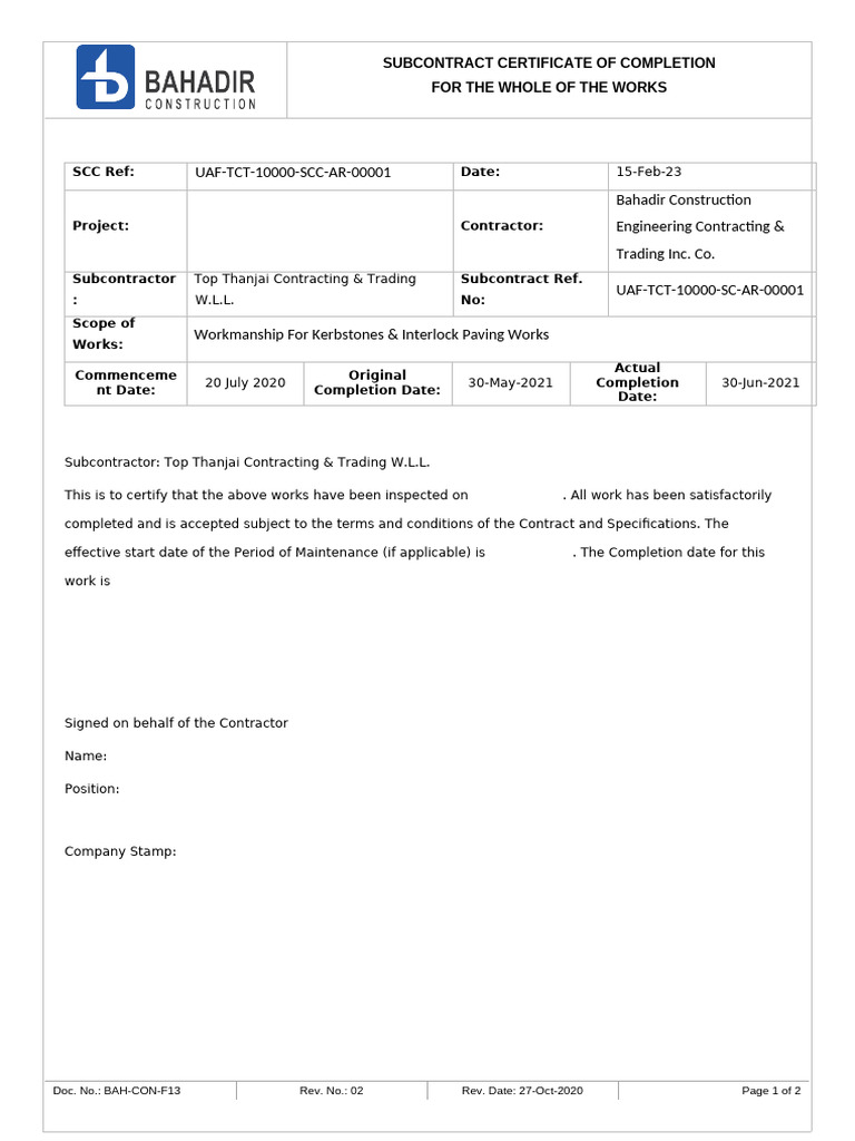 Certificate of Completion | PDF | Subcontractor | Private Law