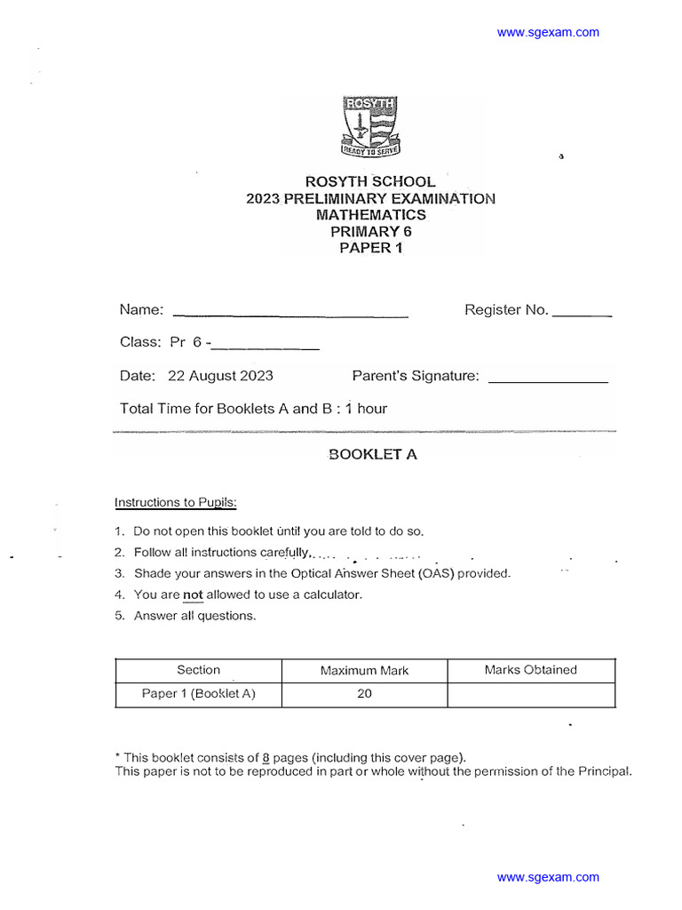 2023 P6 Maths Prelim Rosyth | PDF | Science | Qualifications