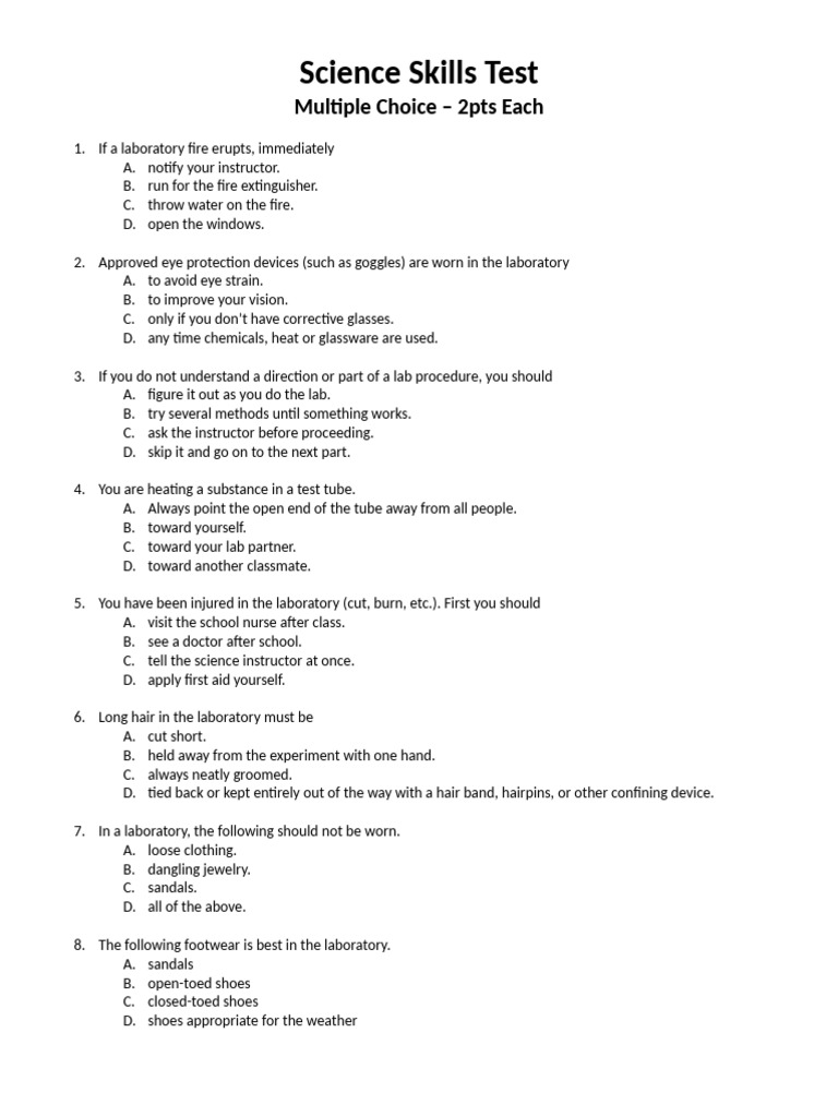 Science Skills Test - Spring 2023 | PDF