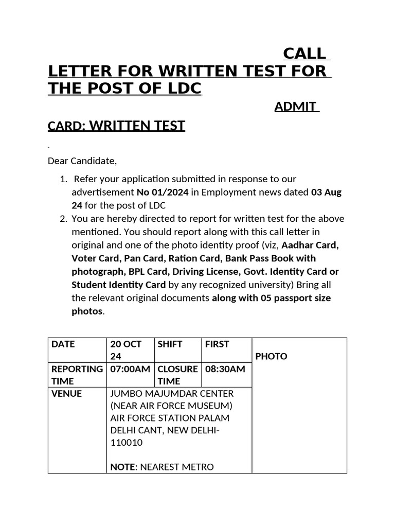 LDC Written Test Call Letter | PDF