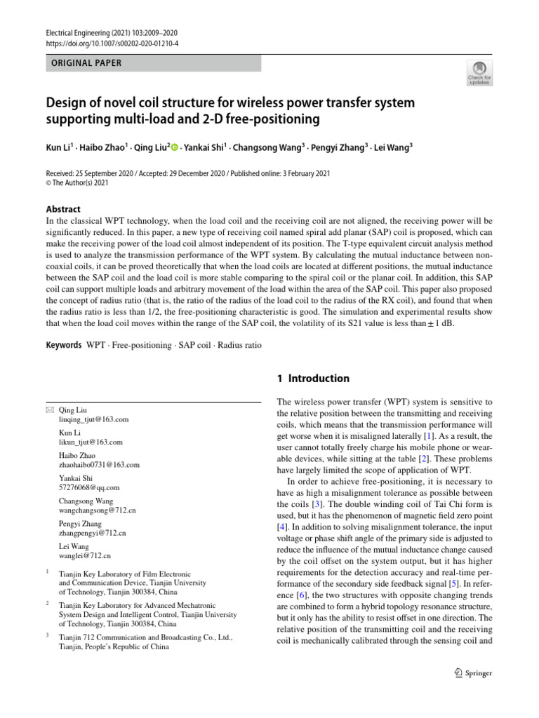 Design of Novel Coil Structure For Wireless Power Transfer System Supporting Multi Load and 2 D ...