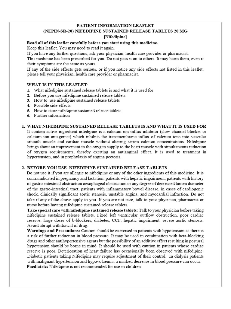 NEPIN SR 20 Nifedipine Sustainable Release Tablets 20mg PIL | PDF