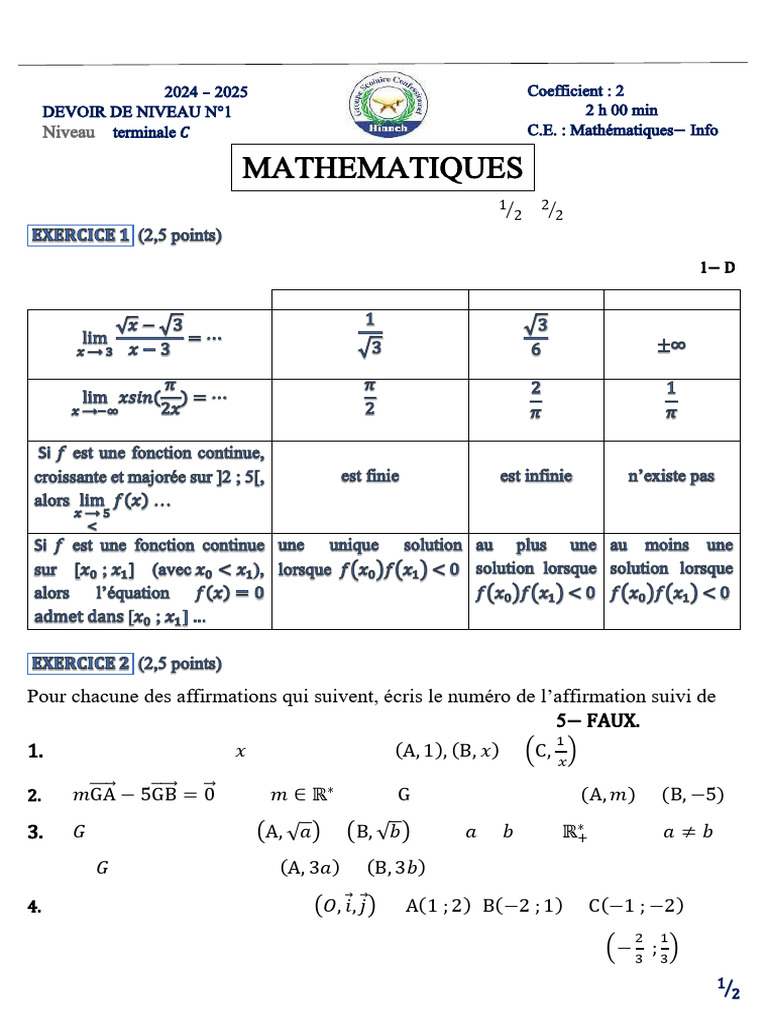 DEVOIR DE NIVEAU N°1 Maths DU TRIMESTRE 1 ( TLE C) | PDF